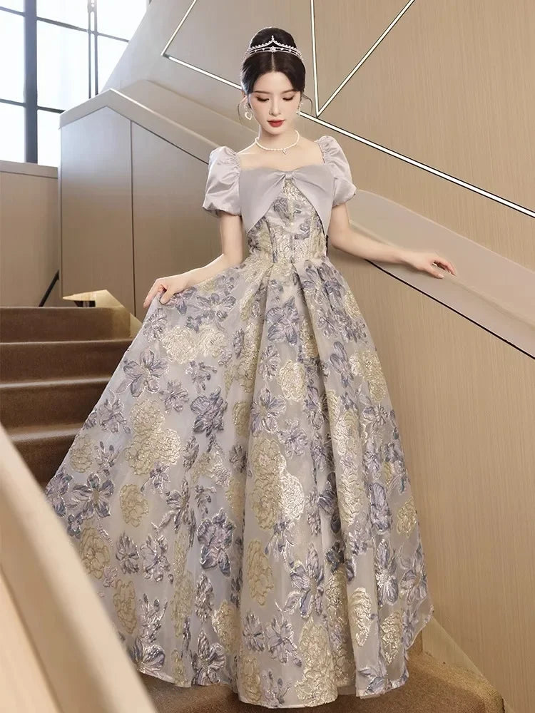 Satin Puff Sleeve Floral Patterned Ball Gown on Luulla