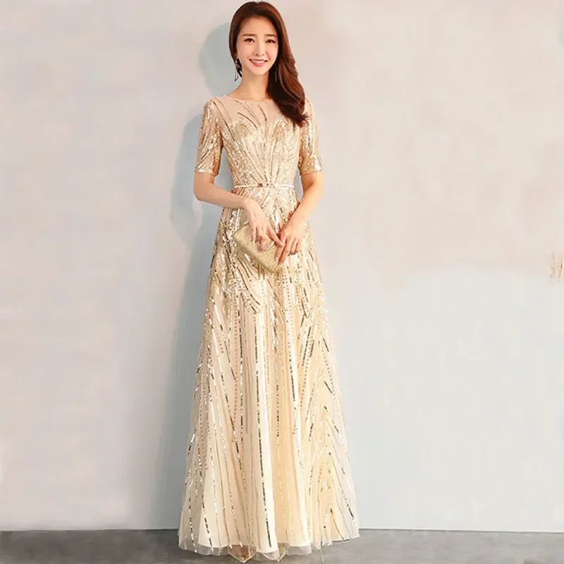 Sequin-embellished Gold Evening Gown With Sleeves on Luulla