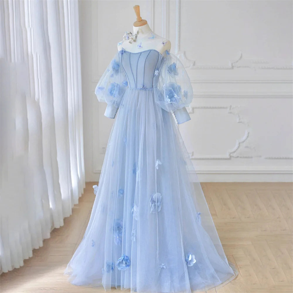 Floral Embroidered Blue Tulle Dress With Sleeves on Luulla
