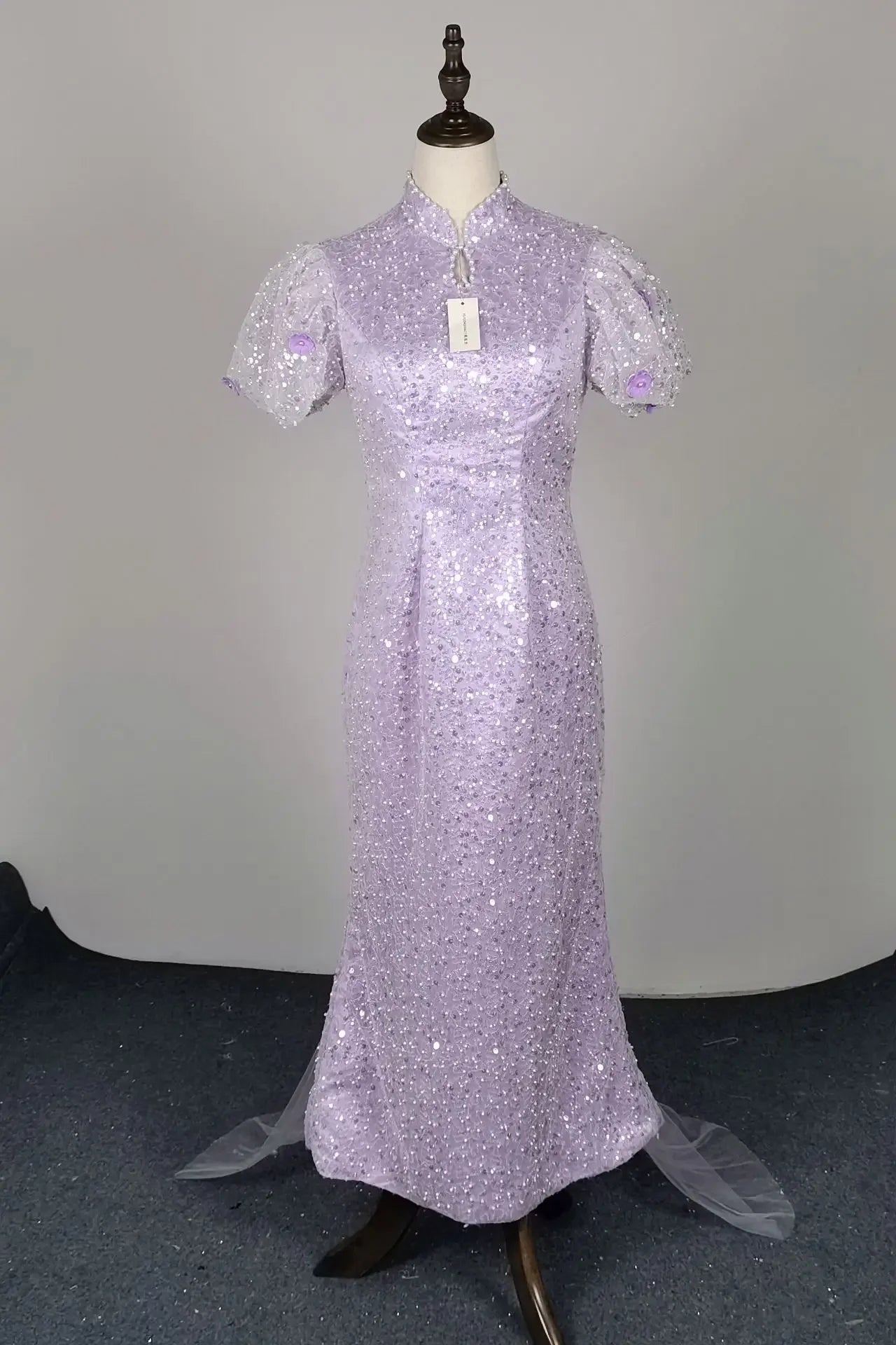 Sparkling Pink Gown With Sheer Puff Sleeves on Luulla